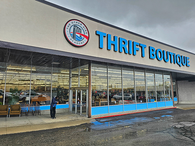 Those floor-to-ceiling windows aren't just for show – they're a preview of the organized chaos that makes thrifting magical.