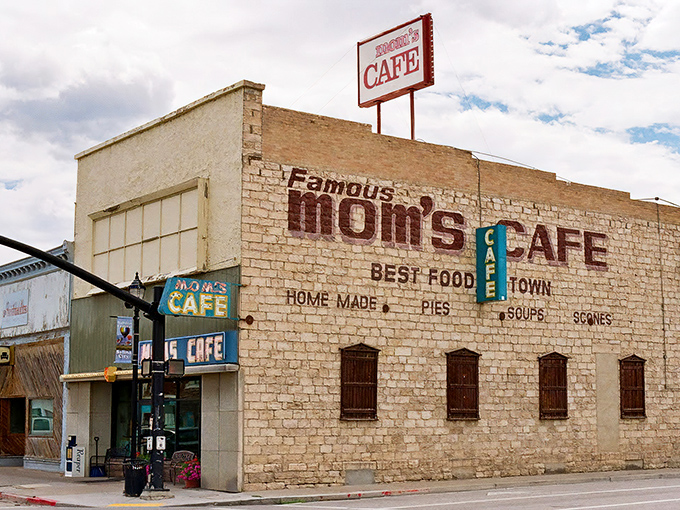 The stone facade of Mom's Cafe stands like a culinary lighthouse on Salina's Main Street, promising "BEST FOOD IN TOWN" to hungry travelers and locals alike.