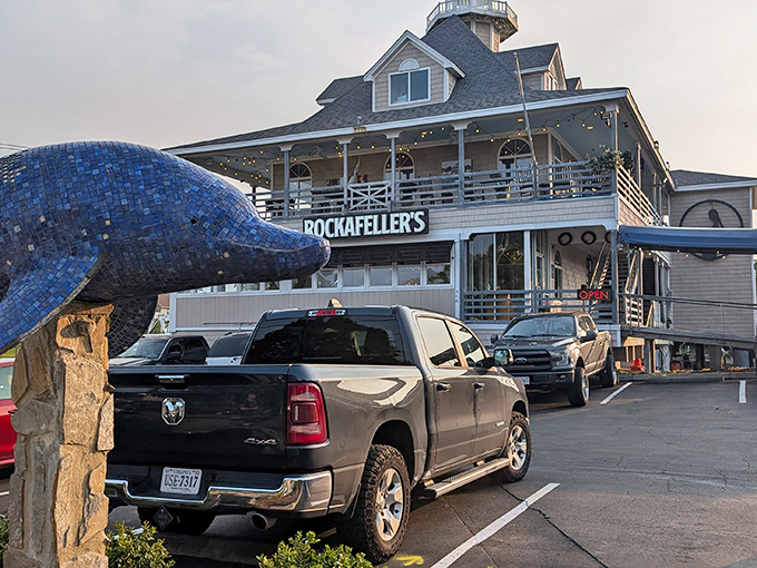 The coastal charm of Rockafeller's exterior beckons with its wraparound deck and American flag fluttering above&mdash;a siren call to seafood lovers everywhere.