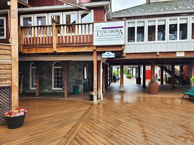 The wooden deck and rustic exterior of Tuscarora Mill welcomes you like an old friend who happens to be an architectural time machine.