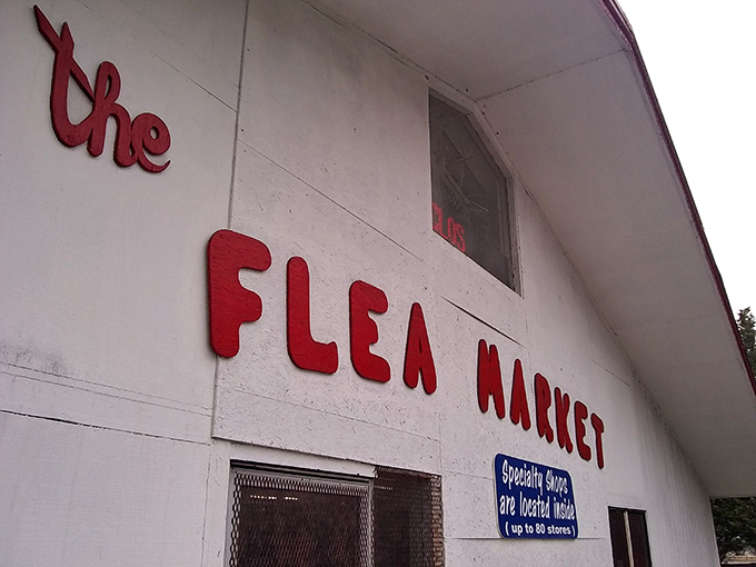 The simple facade of Jefferson Flea Market, marked by bold red lettering, proves that true treasure hunting is about curiosity, not glamour.