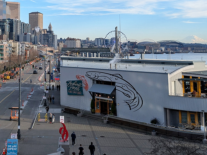 The giant salmon mural practically leaps off the building, promising the real thing inside tastes even better.