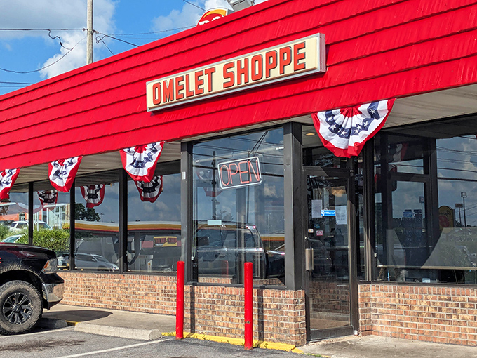 The bright red awning of Omelet Shoppe stands out like a beacon for breakfast lovers. Patriotic bunting adds a touch of Americana to this Beckley institution.