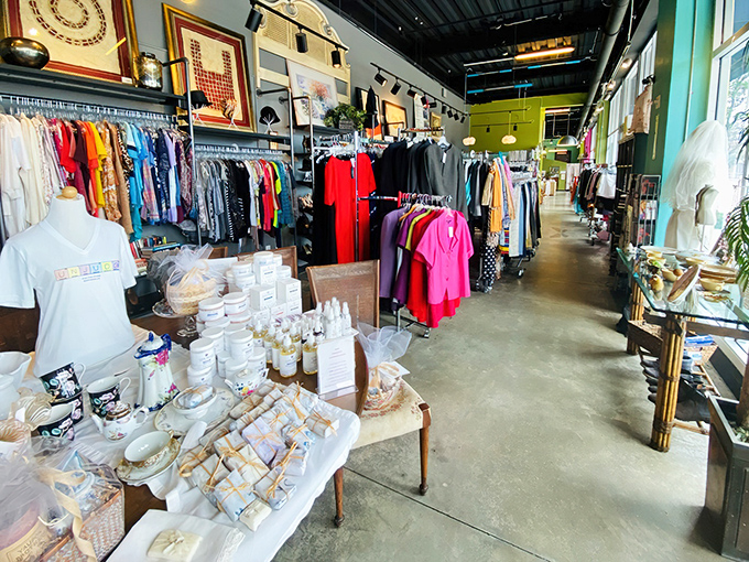 Step into Dragonfly's colorful wonderland where clothing racks create pathways to discovery and every aisle promises treasure hunting at its finest.