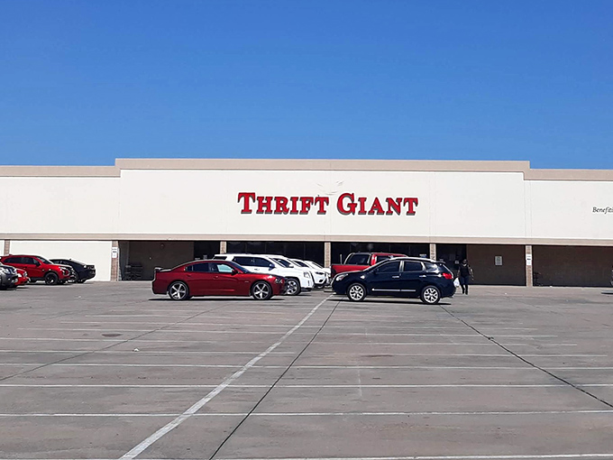 That bold red lettering against the pale exterior isn't just a sign&mdash;it's a siren call to bargain hunters everywhere.