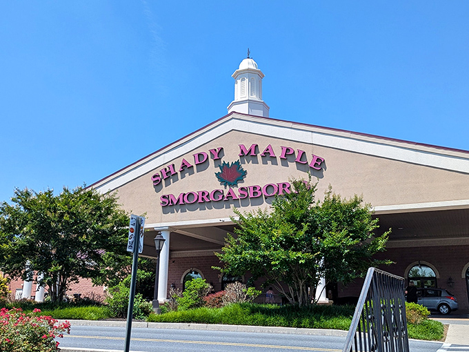 The grand entrance to Shady Maple Smorgasbord stands like a cathedral to comfort food, promising Pennsylvania Dutch paradise within those welcoming doors.