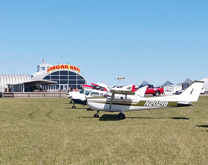 Where farm fields meet flight paths! The Hangar Kafe in Miller stands proudly against the Missouri sky, with actual small aircraft parked outside&mdash;talk about curbside service.