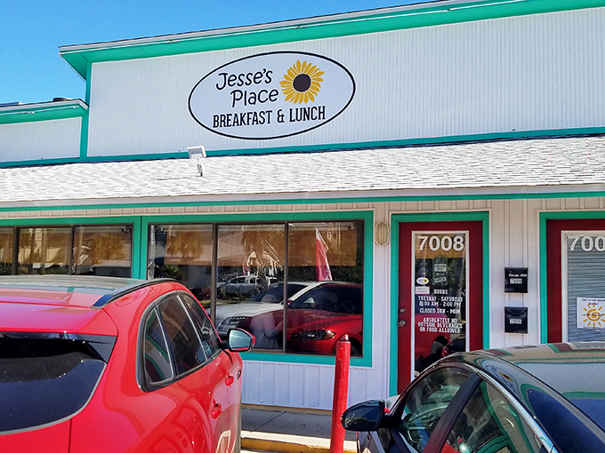 Jesse's Place announces itself with cheerful turquoise trim and a sunflower logo&mdash;like Florida sunshine distilled into a breakfast spot that promises zero pretension and maximum flavor.