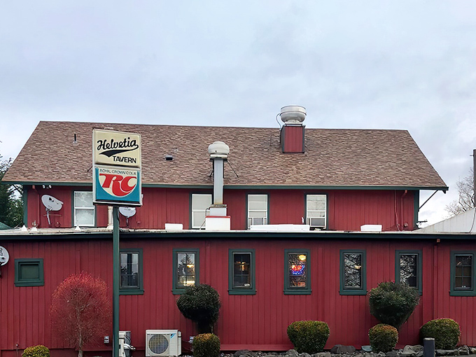 The iconic red exterior of Helvetia Tavern stands like a beacon of burger hope in the countryside. Rural Oregon's answer to fast food, only infinitely better.