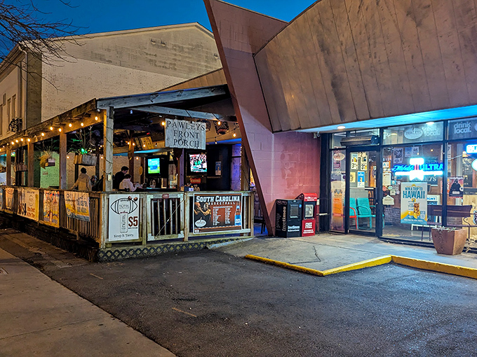 The inviting evening glow of Pawleys Front Porch beckons burger lovers to Columbia's Five Points district for a taste of coastal-inspired perfection.