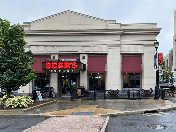 That iconic red neon Bear's sign beckons barbecue pilgrims like a smoky lighthouse guiding hungry souls to meaty salvation.