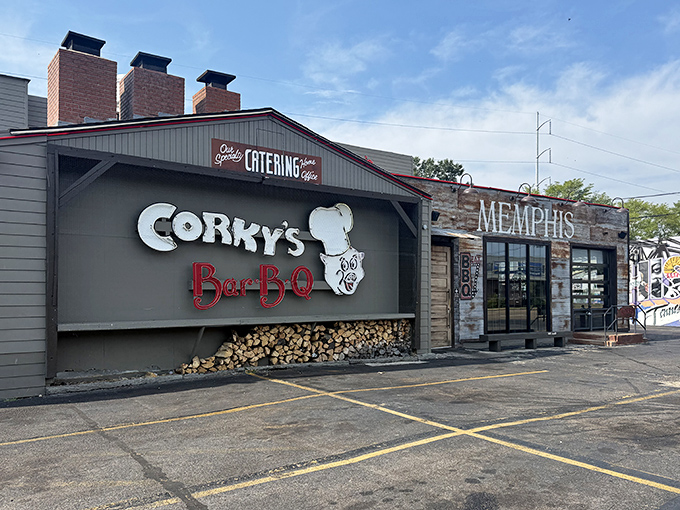 The barbecue beacon of Memphis stands proud with its iconic pig chef logo and stacked woodpile&mdash;a smoky promise of deliciousness awaits inside.