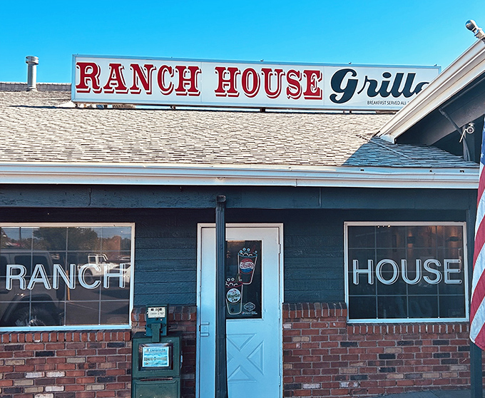 The unassuming exterior of Ranch House Grille in Page stands like a beacon of breakfast hope against the Arizona sky. Classic Americana at its finest.