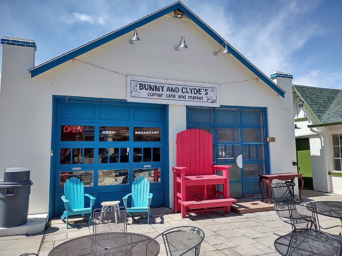 The blue-trimmed former garage with its cherry-red door isn't trying to impress anyone—until you taste what's inside. Colorado mountain magic awaits.