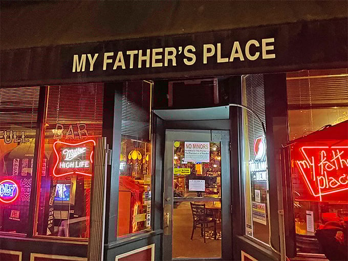 When night falls, My Father's Place transforms into a neon-lit beacon for hungry souls. The "NO MINORS" sign is your first clue this isn't your average pancake house.