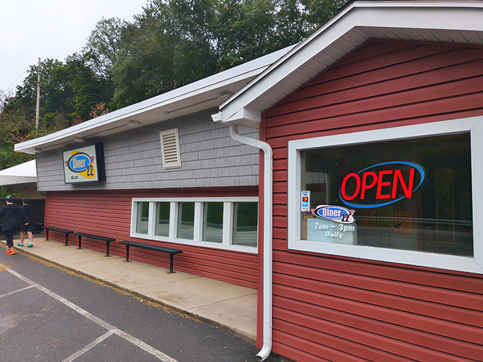 That glowing neon "OPEN" sign isn't just an invitation&mdash;it's a promise of comfort food that awaits inside this roadside haven.