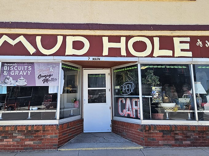 The name might make you hesitate, but that storefront promises comfort food nirvana. Those "Biscuits & Gravy" banners aren't just advertising&mdash;they're a solemn vow.