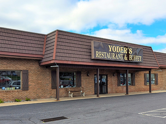 Another angle of Yoder's brick fa&ccedil;ade and welcoming entrance, where the bench outside isn't just decoration&mdash;it's strategic seating for the post-buffet recovery period.