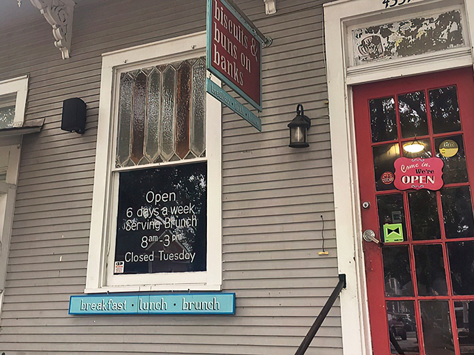 The iconic red door and vintage sign welcome hungry visitors to this Mid-City breakfast haven six days a week.