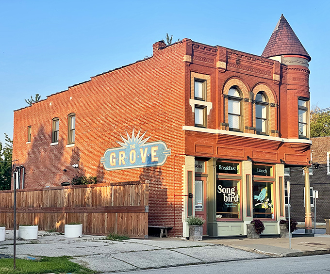 Songbird's historic brick building in The Grove stands like a culinary sentinel, promising delicious treasures within its charming corner location.