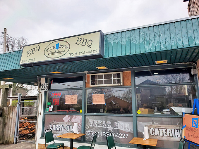Where Texas meets Kentucky: Blue Door's storefront proudly announces its barbecue allegiance with a no-nonsense approach that serious meat lovers appreciate.