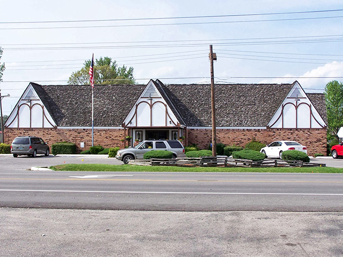 From the road, those three peaked roofs look like a barbecue compound where serious smoking business happens. No fancy frills, just the promise of authentic Missouri BBQ.