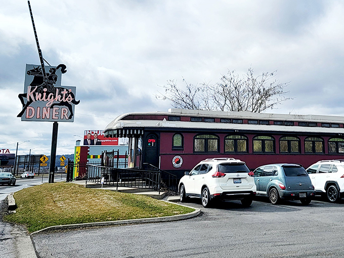 Step back in time at Knight's Diner, where this crimson Northern Pacific railcar has been serving up breakfast dreams to Spokane locals for generations.