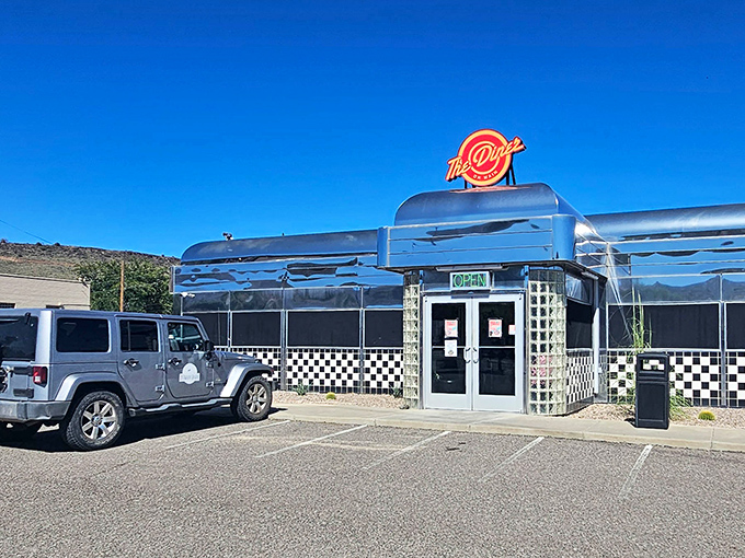 Where vintage meets appetite &ndash; the classic stainless steel facade with its iconic checkered trim stands ready to transport hungry travelers back to simpler times.