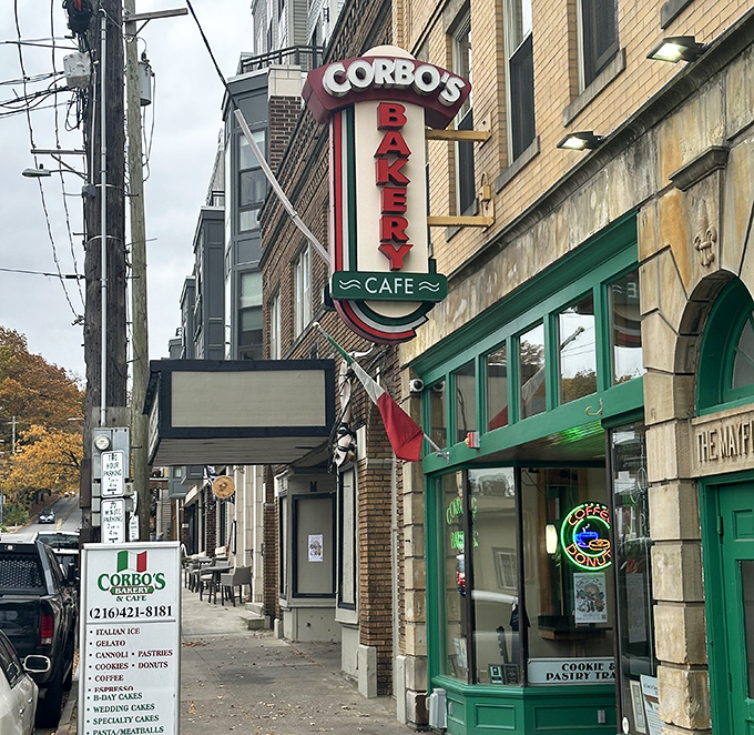 A street view that makes passersby weak in the knees&mdash;Corbo's storefront proudly displays its Italian heritage with tricolor awnings and the promise of sweet treasures within.