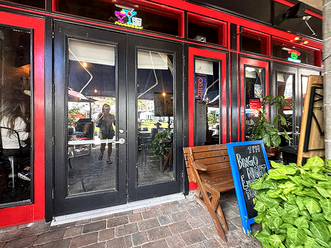 The striking red-framed entrance to Frankie's Chicago Beef beckons like a portal to Midwest flavor paradise.