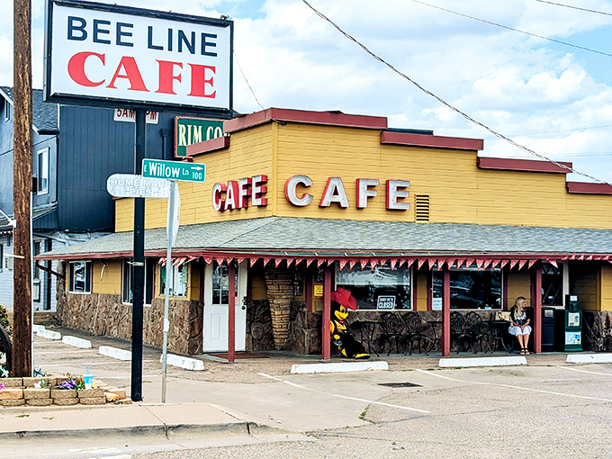 The bright yellow beacon of breakfast bliss! Beeline Cafe's vintage exterior has been welcoming hungry Payson visitors since the 1960s, a timeless roadside treasure.