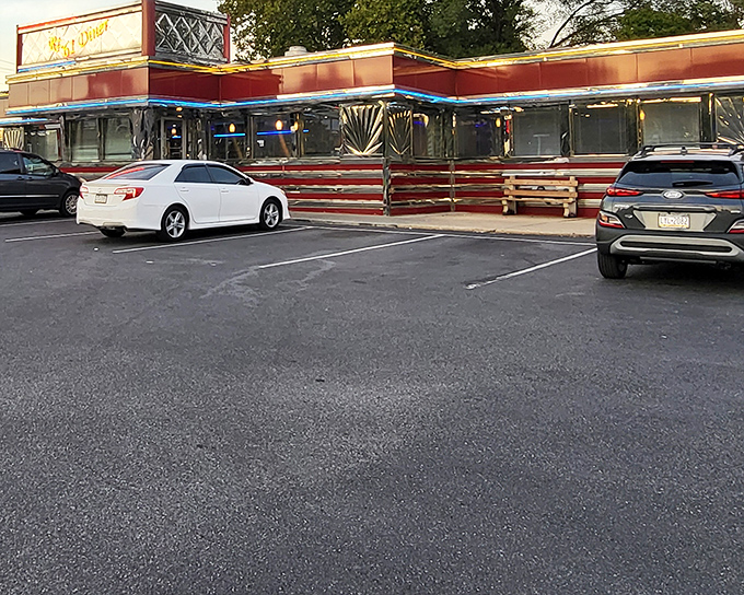 The classic stainless steel exterior of Route 61 Diner gleams like a time machine to the golden age of American roadside dining.