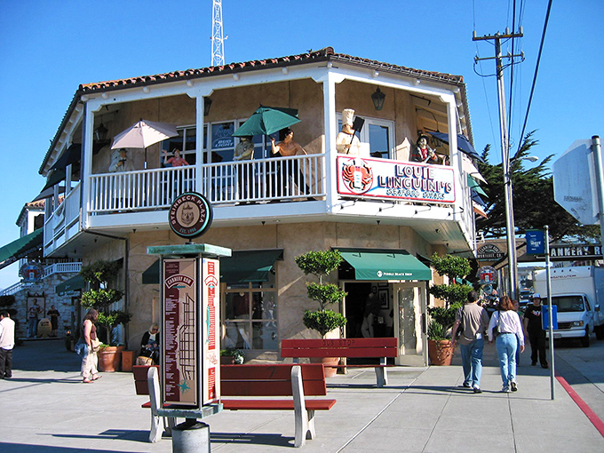 Louie Linguini's Mediterranean-style building stands proudly on Cannery Row, its inviting balcony practically whispering, "Come up for pasta and ocean views!"