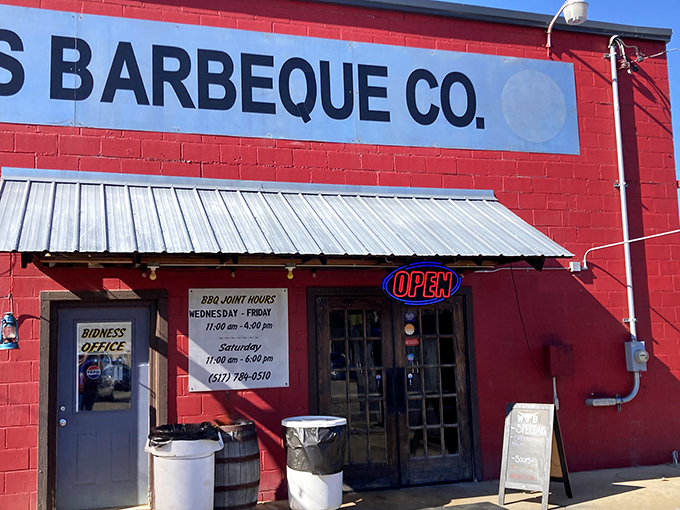 The bright red exterior of West Texas Barbeque Co. stands like a beacon of hope for hungry travelers. No fancy frills, just barbecue thrills.