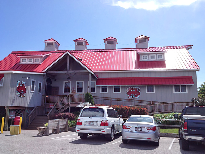 Hooper's iconic red roof and rustic charm make it an Ocean City landmark. The wooden entrance practically beckons seafood lovers home.