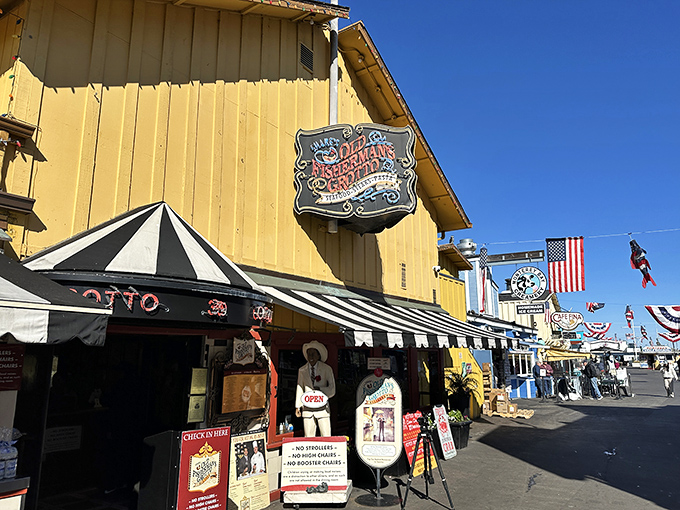The sunshine-yellow exterior of Old Fisherman's Grotto stands out on Monterey's Wharf like a beacon calling to hungry seafood lovers everywhere.
