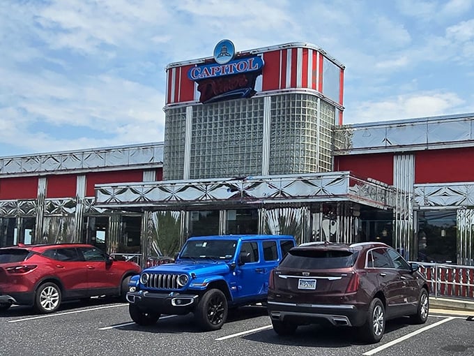 The gleaming stainless steel exterior of Capitol Diner stands as a beacon of breakfast hope, promising classic American comfort in architectural form.