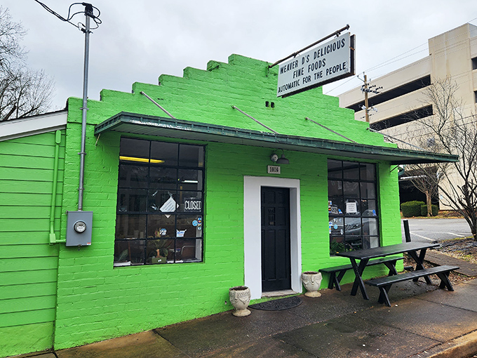 That lime green exterior isn't just a building—it's a beacon of soul food salvation, promising "Automatic for the People" and delivering on every syllable.