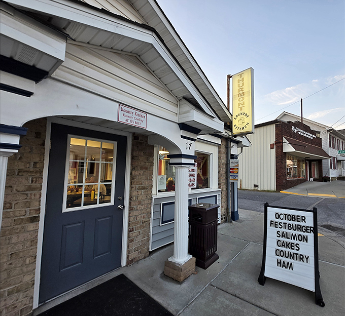 A sidewalk sign announces seasonal specials with the straightforward charm of a place that lets its food do the talking.