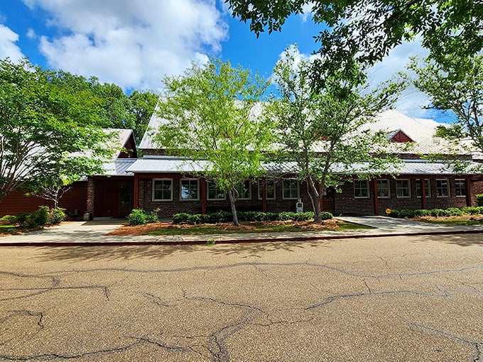 That brick exterior with the metal roof says "serious barbecue," while those tractors out front say "we're not kidding around."