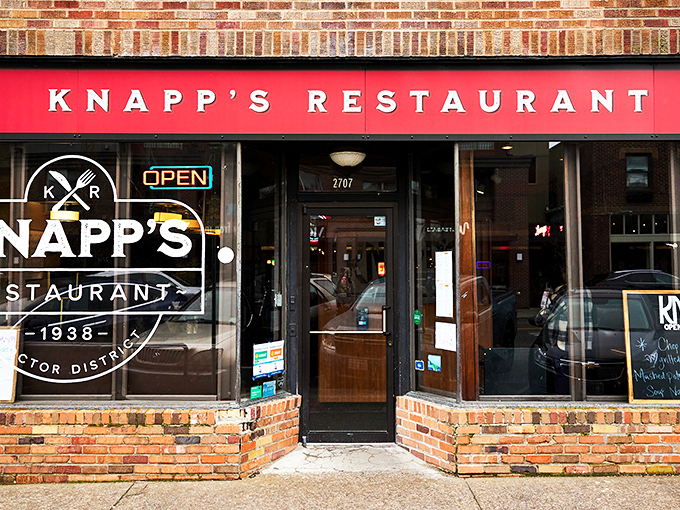 The iconic red awning of Knapp's Restaurant beckons hungry Tacoma locals like a lighthouse for breakfast lovers since 1938. Classic brick exterior, timeless appeal.