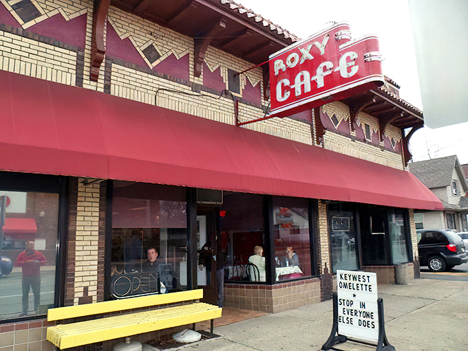 That weathered red sign isn't just advertising - it's a beacon calling breakfast lovers home. 