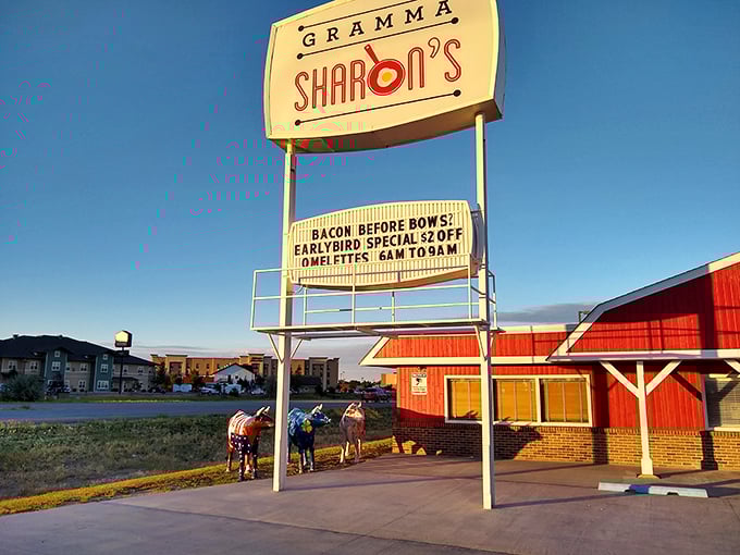 The iconic orange exterior of Gramma Sharon's stands like a beacon of breakfast hope against the North Dakota sky. "Bacon Before Bows!" isn't just a slogan&mdash;it's a life philosophy.