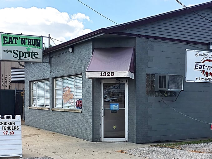 The unassuming exterior of Eat N' Run might not stop traffic, but locals know this gray building with its vintage Sprite sign houses breakfast gold.