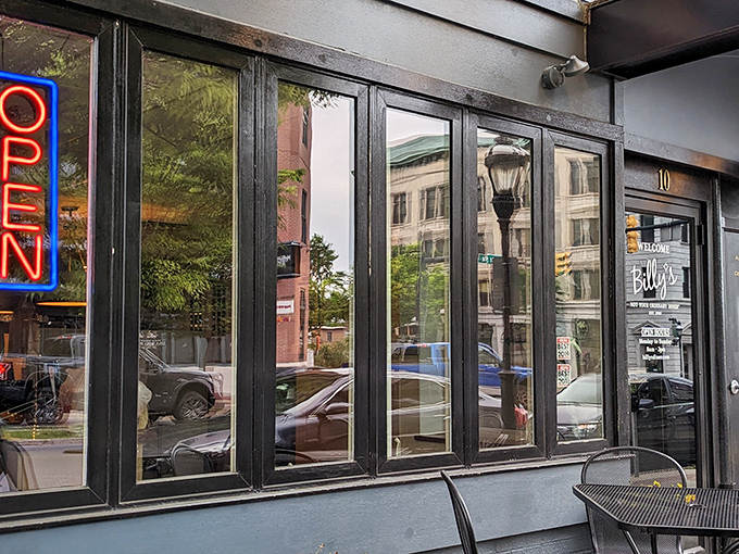 The iconic blue sign of Billy's Downtown Diner beckons hungry breakfast seekers like a lighthouse guiding ships to delicious harbor.
