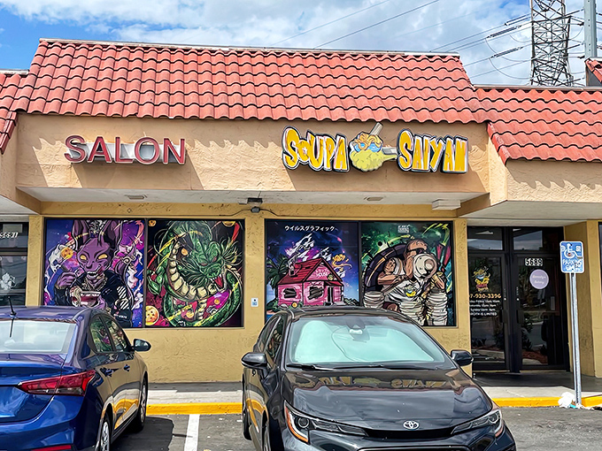 The unassuming strip mall exterior hides a culinary adventure that would make even Goku proud. Dragon Ball Z murals hint at the anime wonderland waiting inside.
