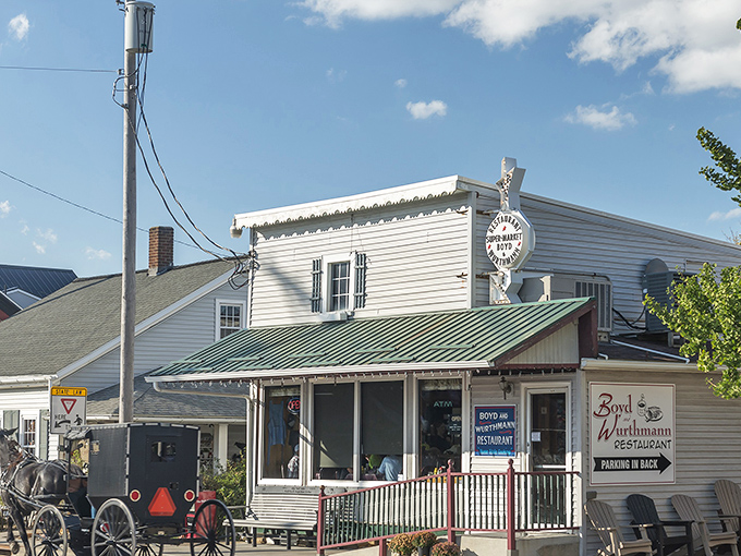 The classic white clapboard exterior of Boyd & Wurthmann stands like a time capsule in Berlin, complete with Amish buggy parked outside&mdash;Americana served daily.
