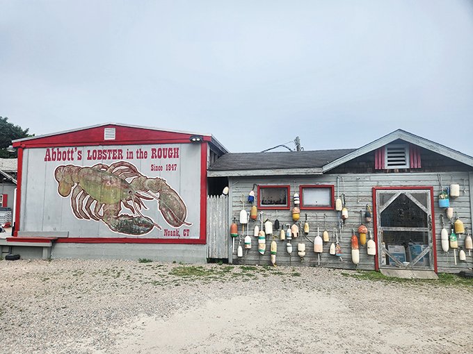 A cheerful shrimp mural marks the spot, hinting at the fresh coastal flavors that make this Connecticut gem unforgettable.