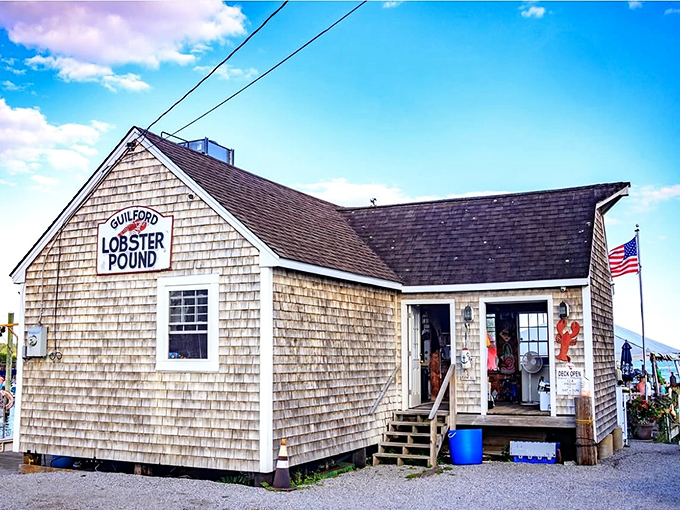 The quintessential New England seafood shack &ndash; weathered cedar shingles, American flag, and the promise of lobster treasures within. Connecticut coastal perfection!