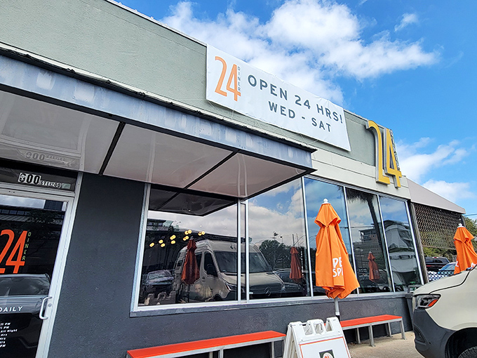 That "Open 24 Hrs" sign is basically Austin's bat signal for hungry night owls and early birds alike.